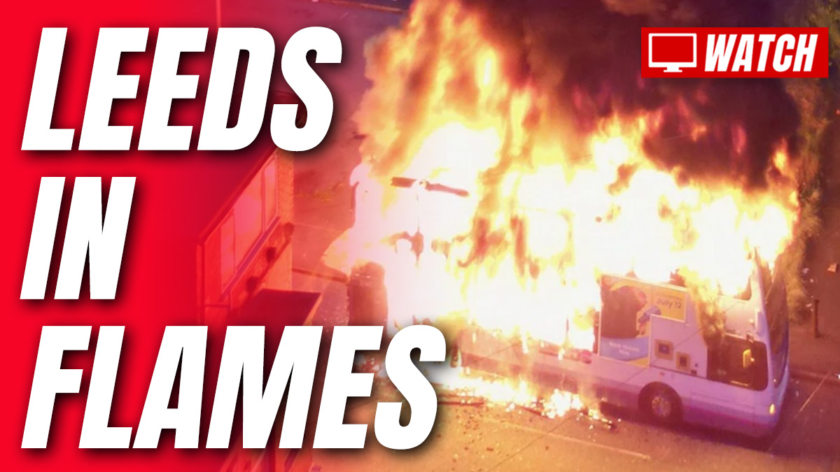 Leeds Erupts into Mayhem as Rioters Torch Bus and Flip Police Car ...